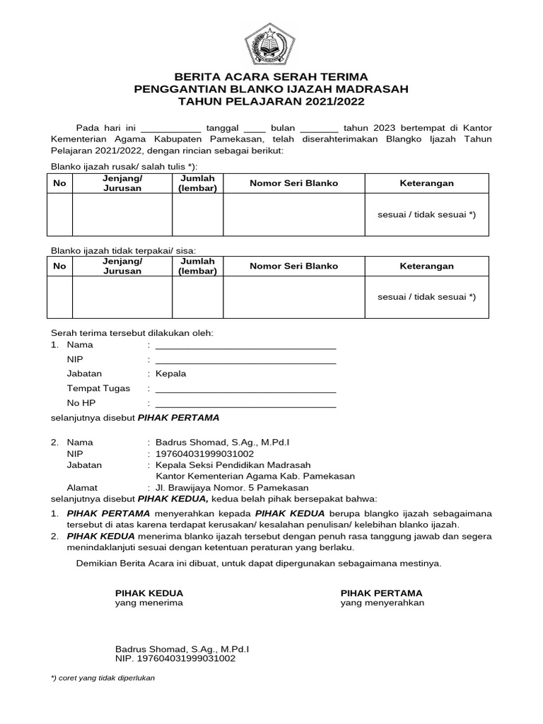 Berita Acara Pengembalian Blanko Ijazah | PDF