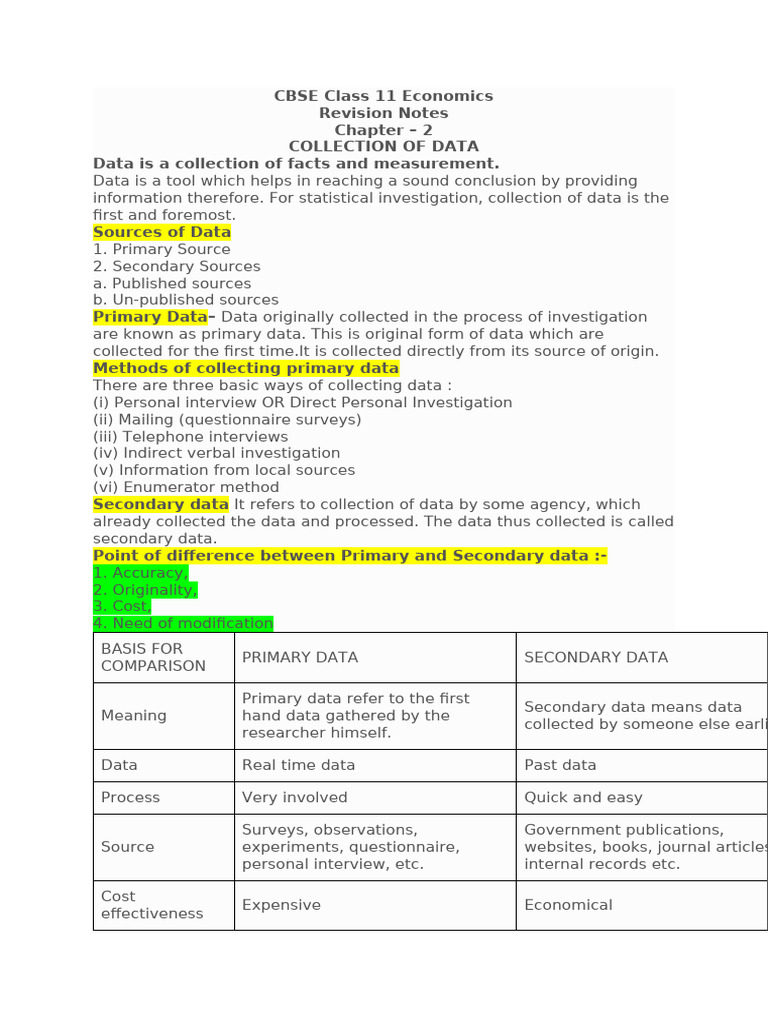 Cbse Class 11 Economics Chapter 1 Collection Of Data Pdf Sampling