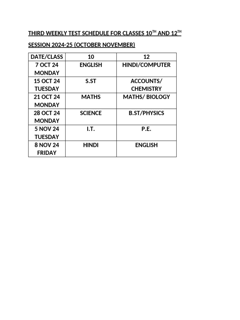 Third Weekly Test Schedule For Classes 10th and 12th | PDF