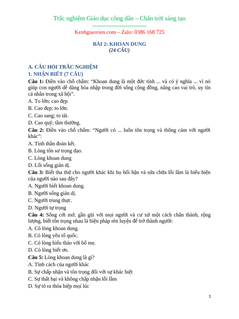 TN GDCD 9 Bai 2 Khoan Dung | PDF