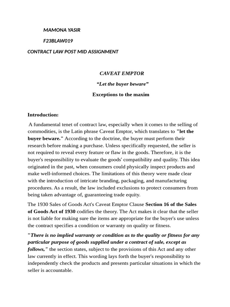 Caveat Emptor: Contract Law Exceptions | PDF | Business Law | Civil Law ...
