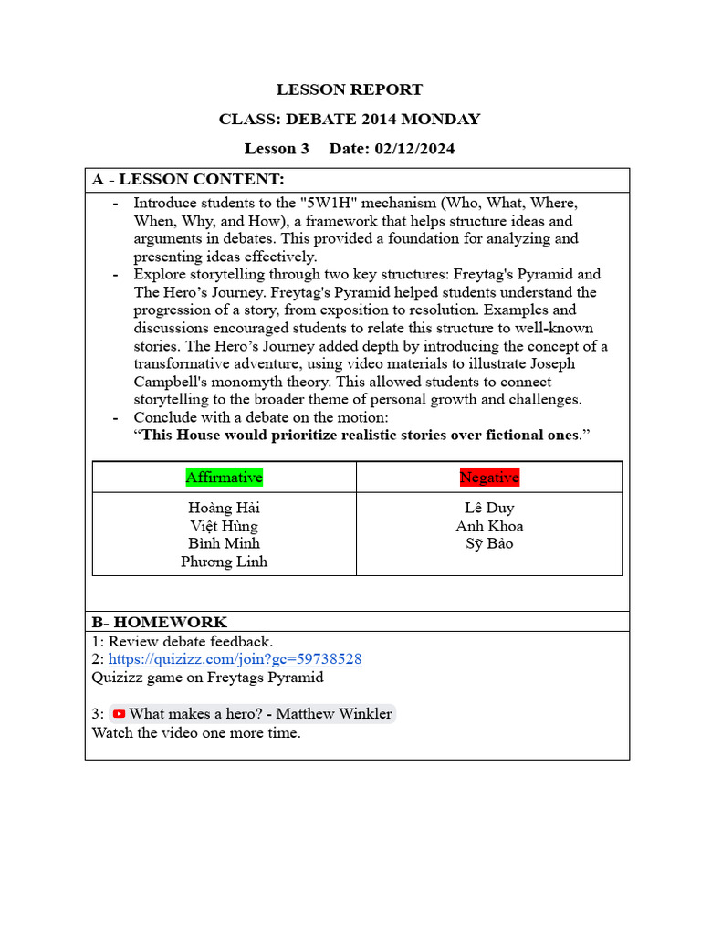 Lesson Report - W3 - 02 - 12 - Monday | PDF