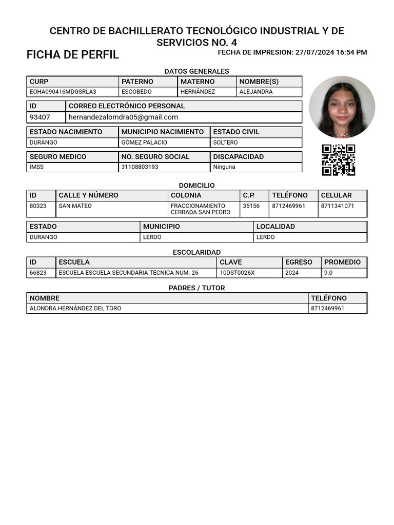 Ficha de Perfil de Escobedo Hernández Alejandra | PDF