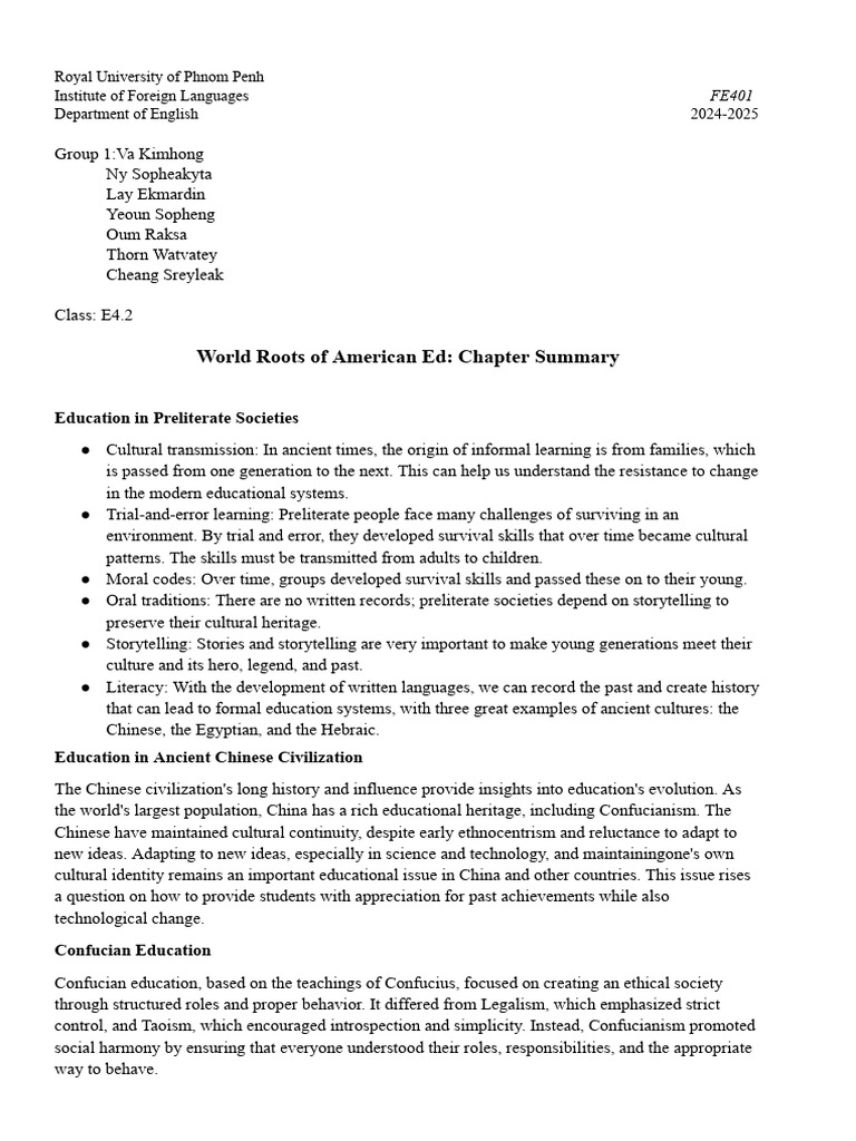 Group1-World Roots of American Ed: Chapter Summary | PDF | Confucianism
