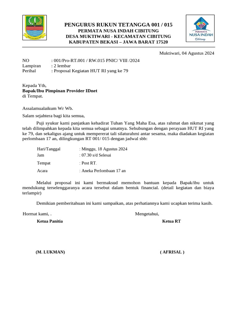 Surat Pengantar Proposal HUT RI ke-79 | PDF