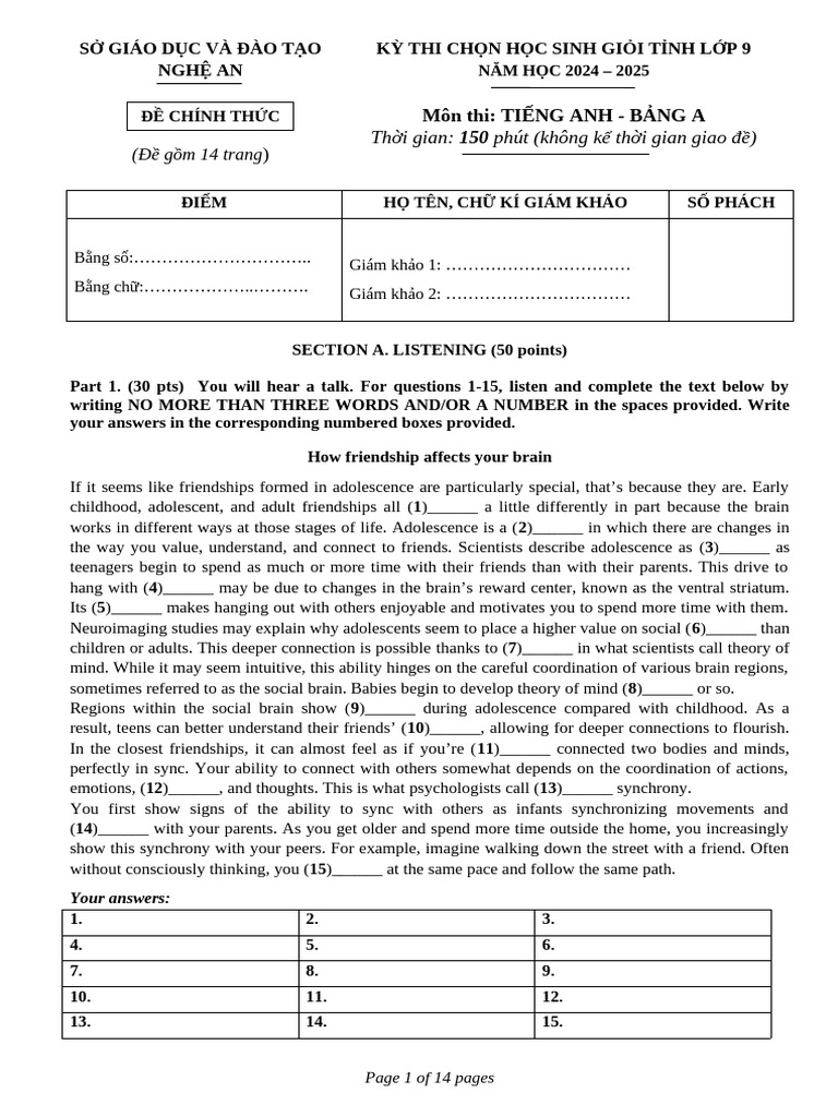 Đề HSG9 - 2024 - 2025 môn Tiếng Anh A (chính thức) | PDF | English As A Second Or Foreign ...