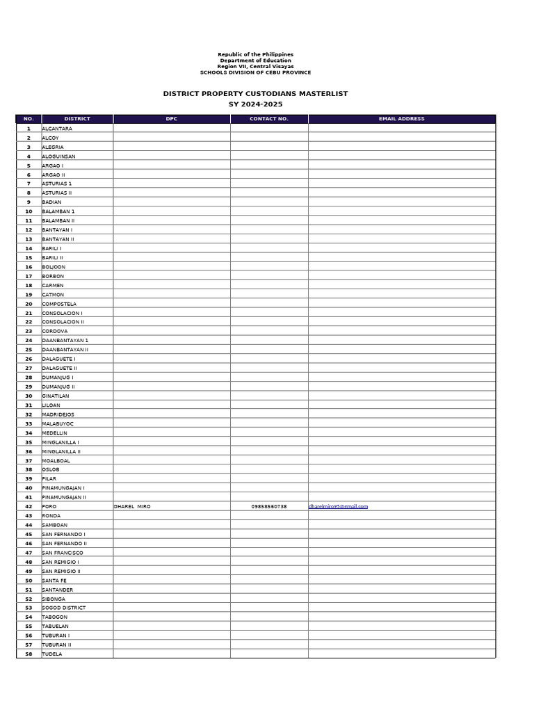 PORO DISTRICT Property Custodian Masterlist Template | PDF