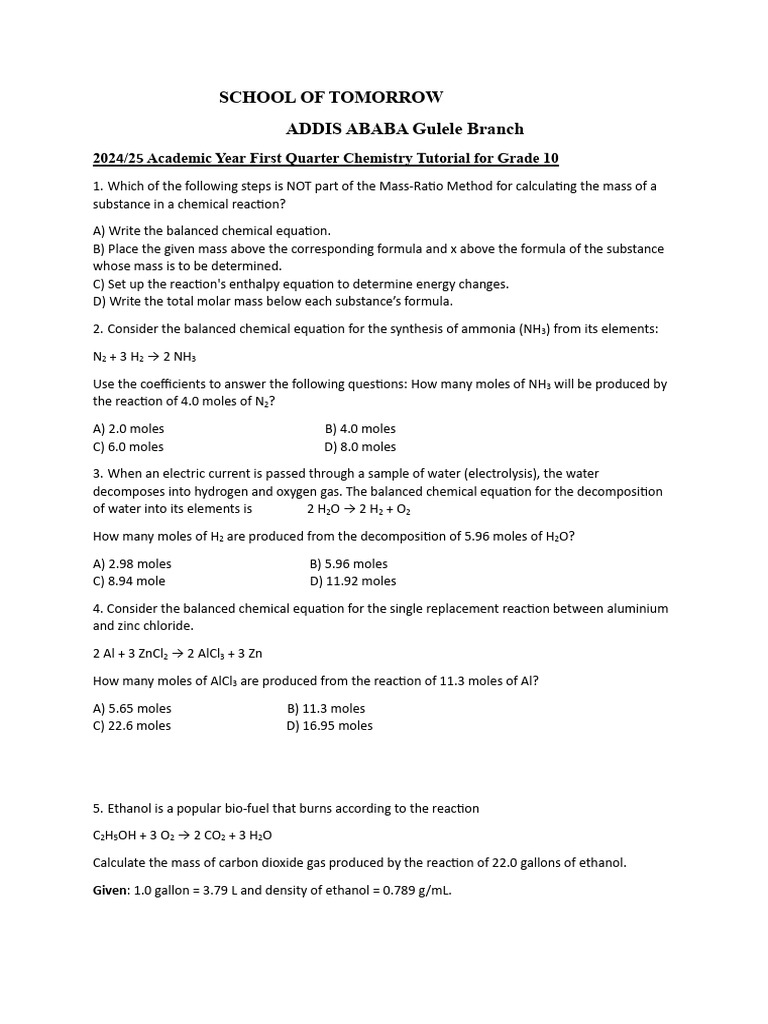 grade 10 tutorial | PDF | Propane | Chemical Reactions