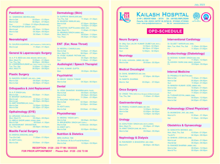Ailash Ospital: Opd-Schedule | PDF | Doctor Of Medicine | Medicine