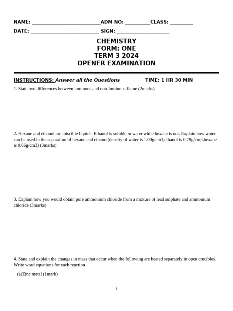 Chemistry f1 Exam | PDF | Ethanol | Physical Chemistry