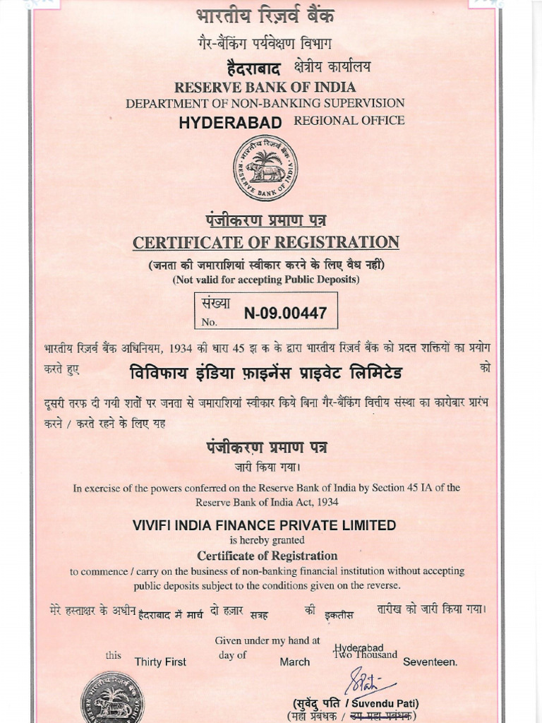 Vivifi RBI Certificate of REG | PDF