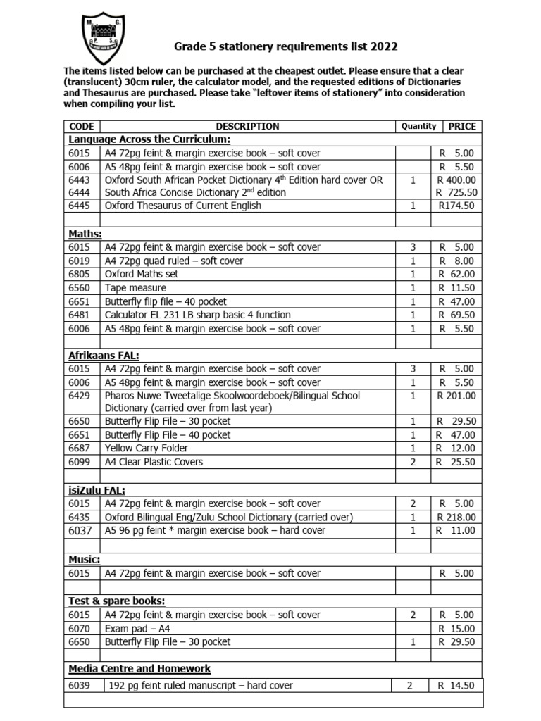Stationery List Grade 5 2022 | PDF | Stationery