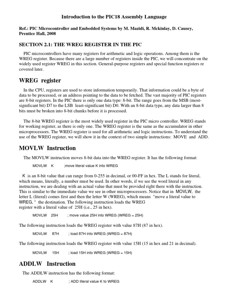 Intro Pic18 Assembly Language Pdf Pic Microcontroller Computer 