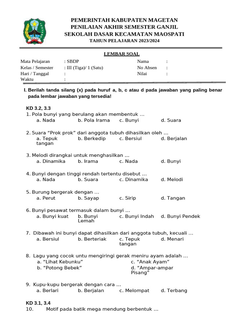 7. SOAL-JAWABAN PAS SBDP KELAS 3 FIX | PDF
