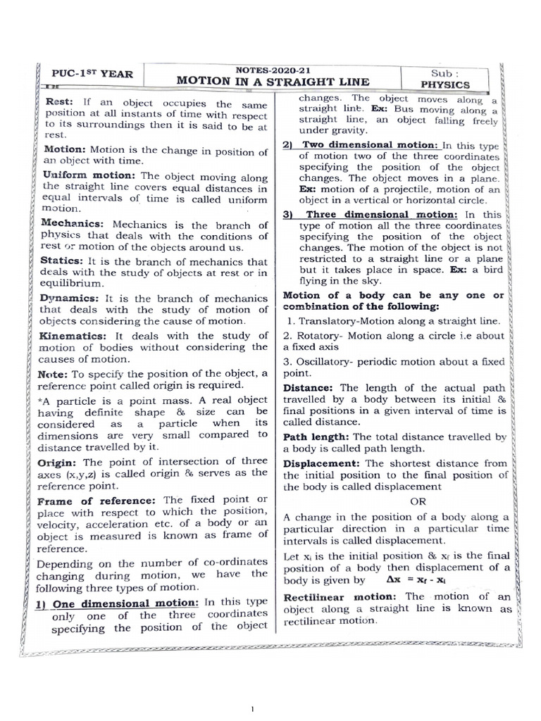 Motion in A Straight Line Theory Notes | PDF