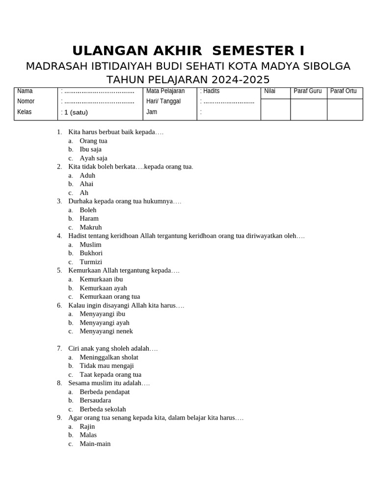 MDTA Soal Hadist Kelas 1 | PDF