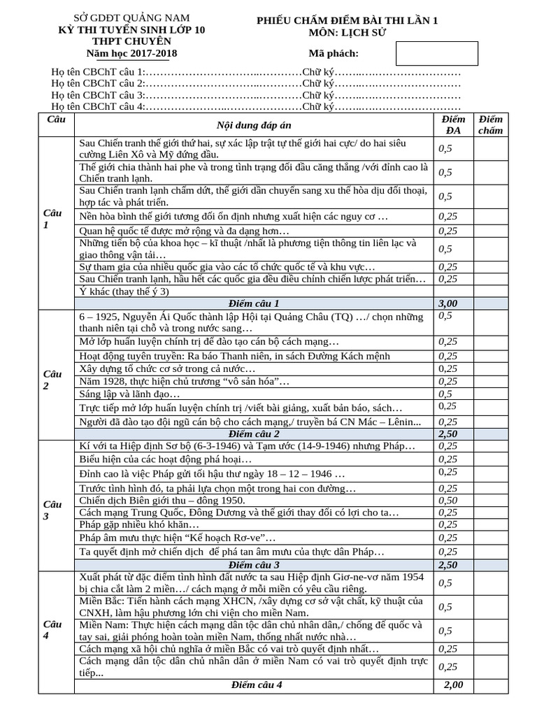 Phieu Cham Lich Su 2017 Lan1 | PDF