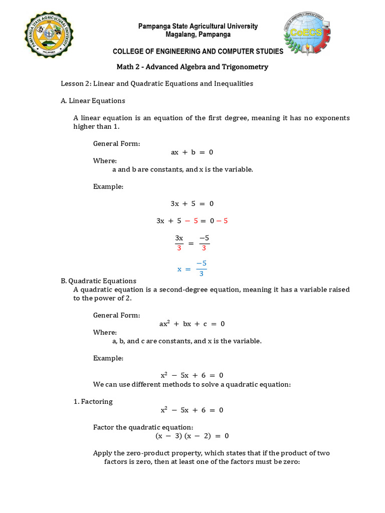 Linear And Quadratic Equations And Inequalities Pdf Equations Quadratic Equation
