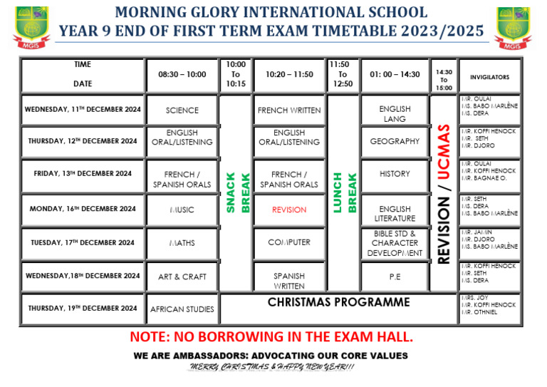 Year 9 1st Term Exam Timetable - Final-1 | PDF