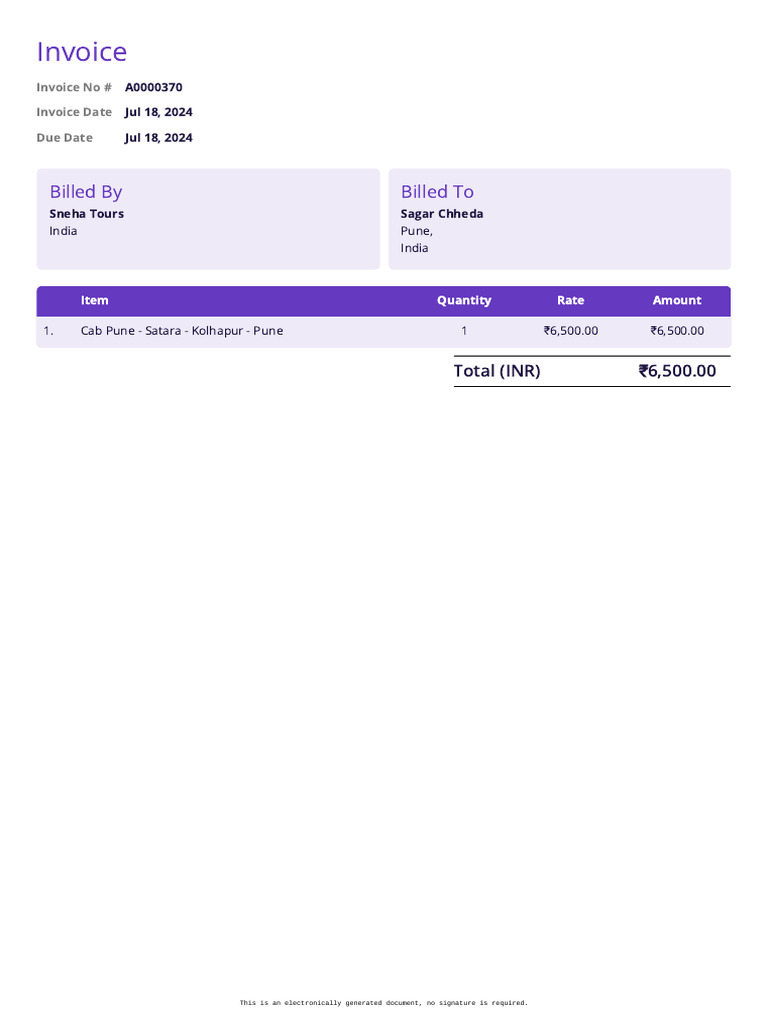 Invoice a0000370 Sneha Tours Sagar Chheda | PDF Invoice a0000370 Sneha Tours Sagar Chheda | PDF