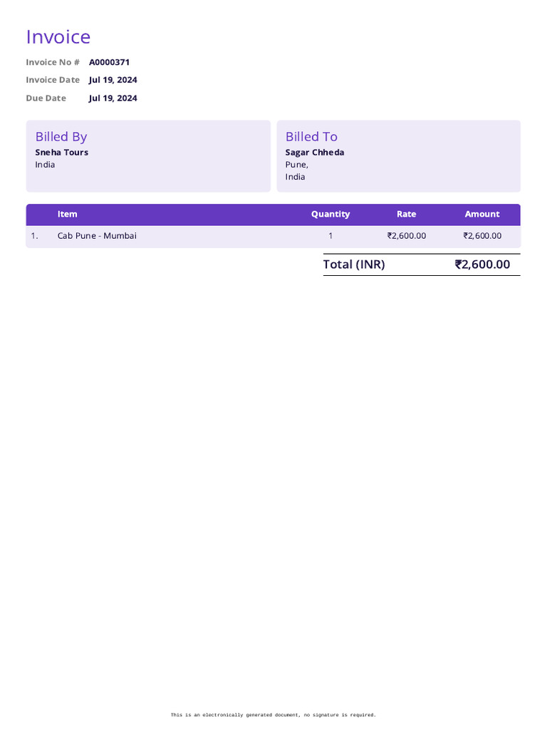 Invoice A0000371 Sneha Tours Sagar Chheda | PDF