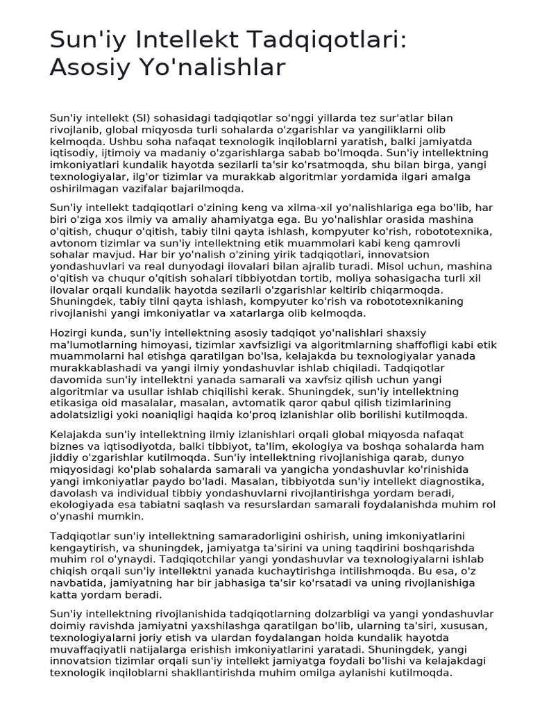 Suniy Intellekt Tadqiqotlari Asosiy Yonalishlar | PDF