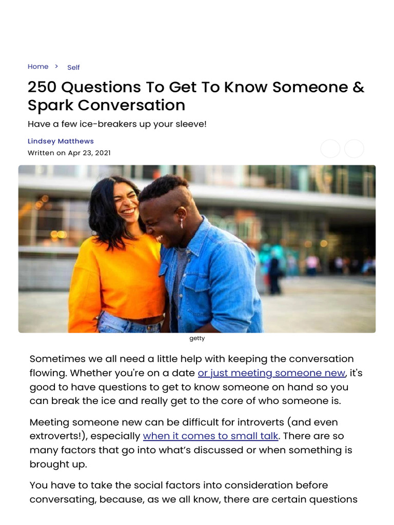 250 Interesting Questions To Get To Know Someone On A Personal L | PDF