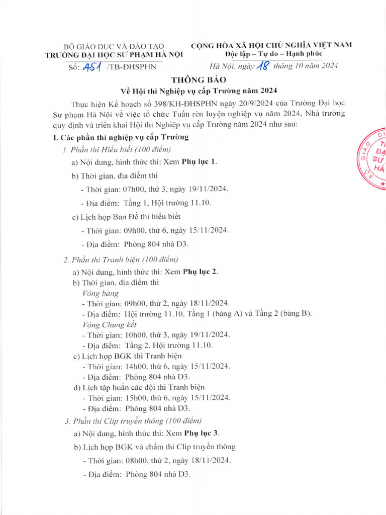 TB451 - TB về hội thi NVSP cấp trường năm 2024 | PDF