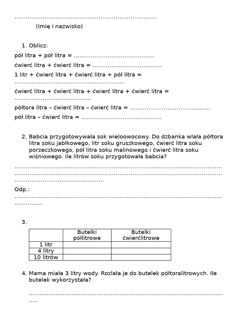 Litry Klasa 2 Kartkówka | PDF