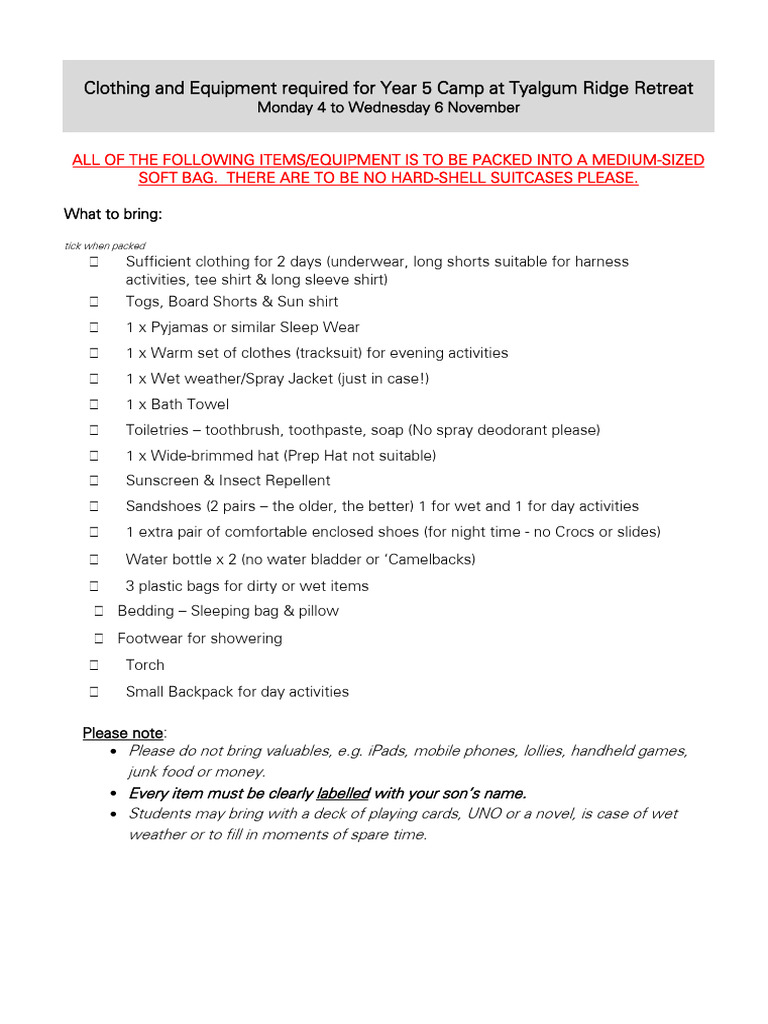 Year 5 Camp Packing List: Tyalgum Ridge | PDF