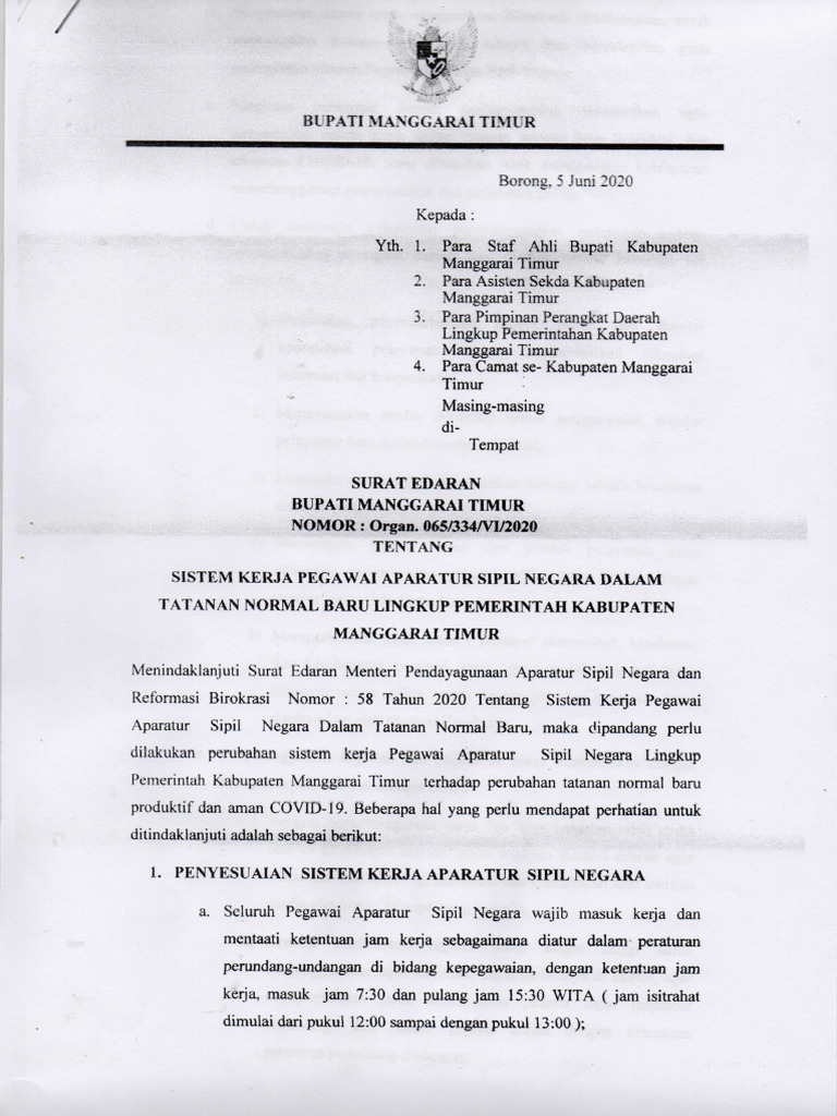 Surat Edaran Bupati 2020 Tentang Sistem Kerja ASN Dalam Tatanan New Normal | PDF