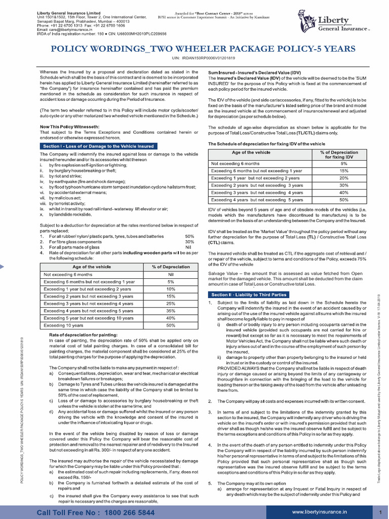 Two-Wheeler Package Policy Details | PDF | Insurance | Deductible