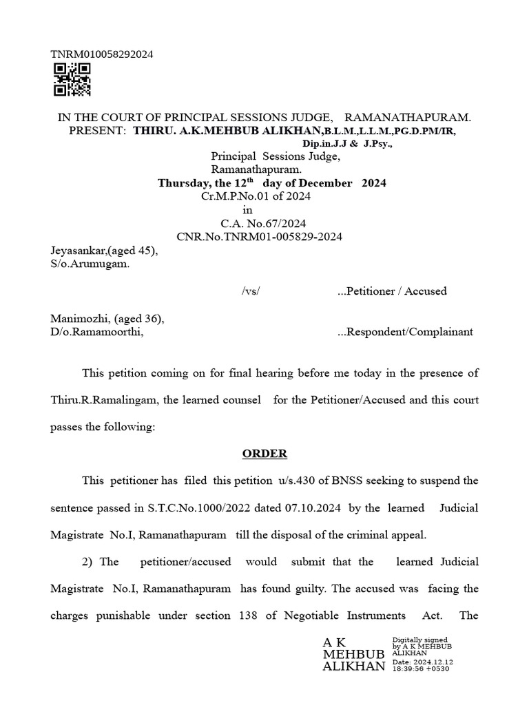 Sentence Suspension in Negotiable Instruments Act Case | PDF | Bail ...