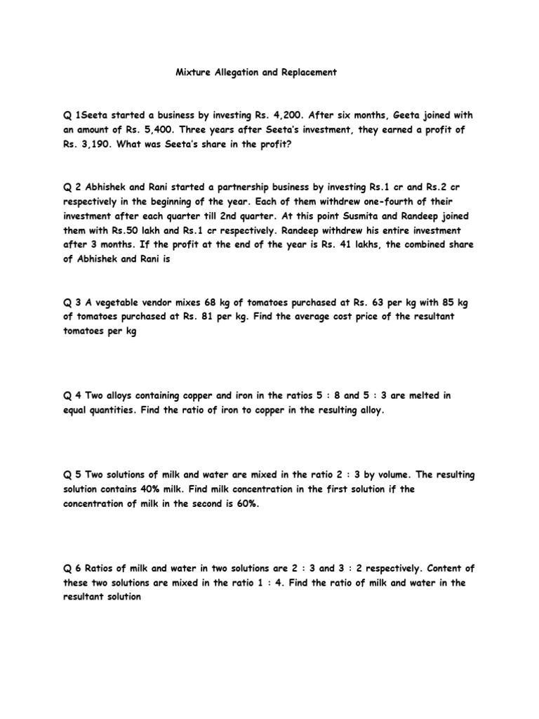 Arithmetic Mixture and Replacement | PDF | Ratio | Concentration