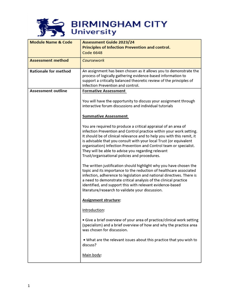 LBR6648 Principles of Infection Prevention and Control - Assignment ...