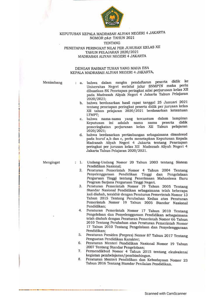 SK Penetapan Peringkat Nilai Perjurusan Kelas Xii | PDF