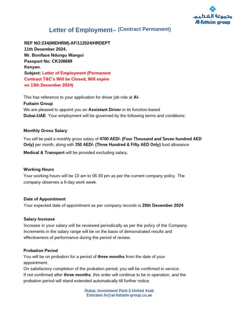 MR David Offer Letter Al Futtaim UAE Admin Driver Al Futtaim PDF | PDF ...