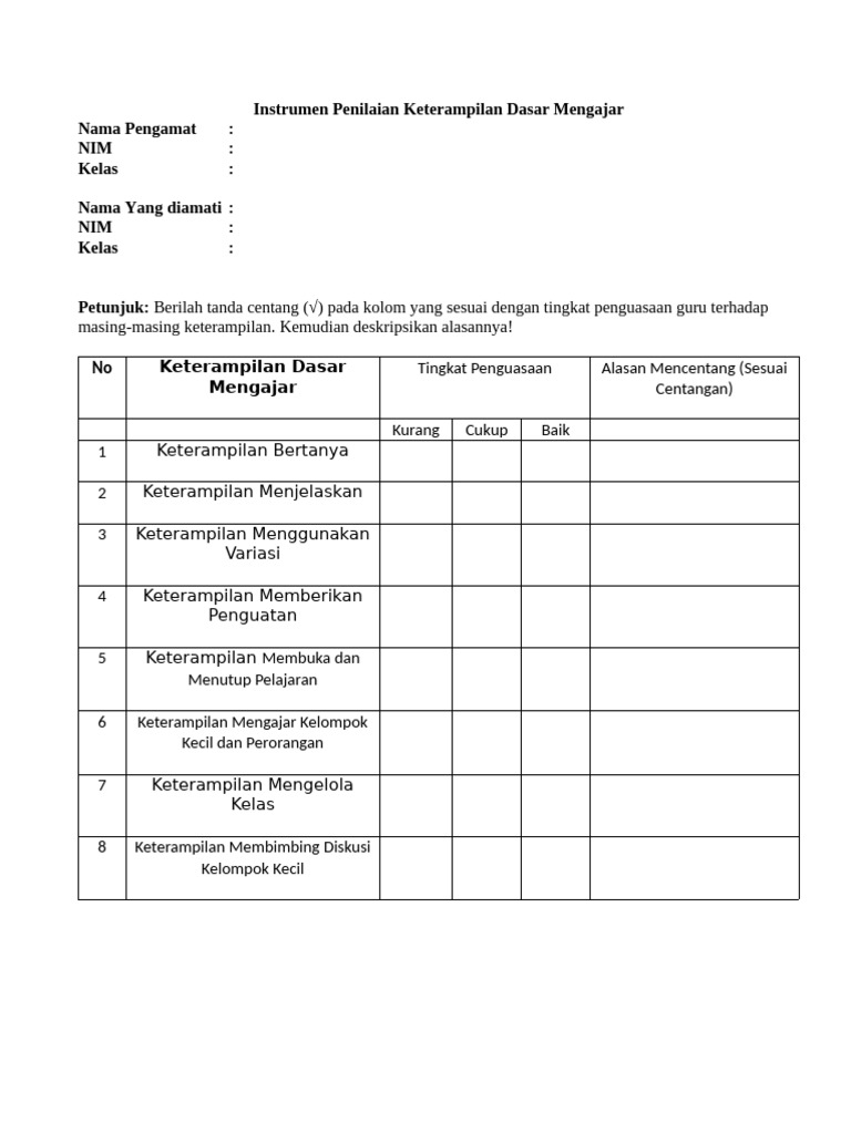 Instrumen Penilaian Keterampilan Dasar Mengajar | PDF