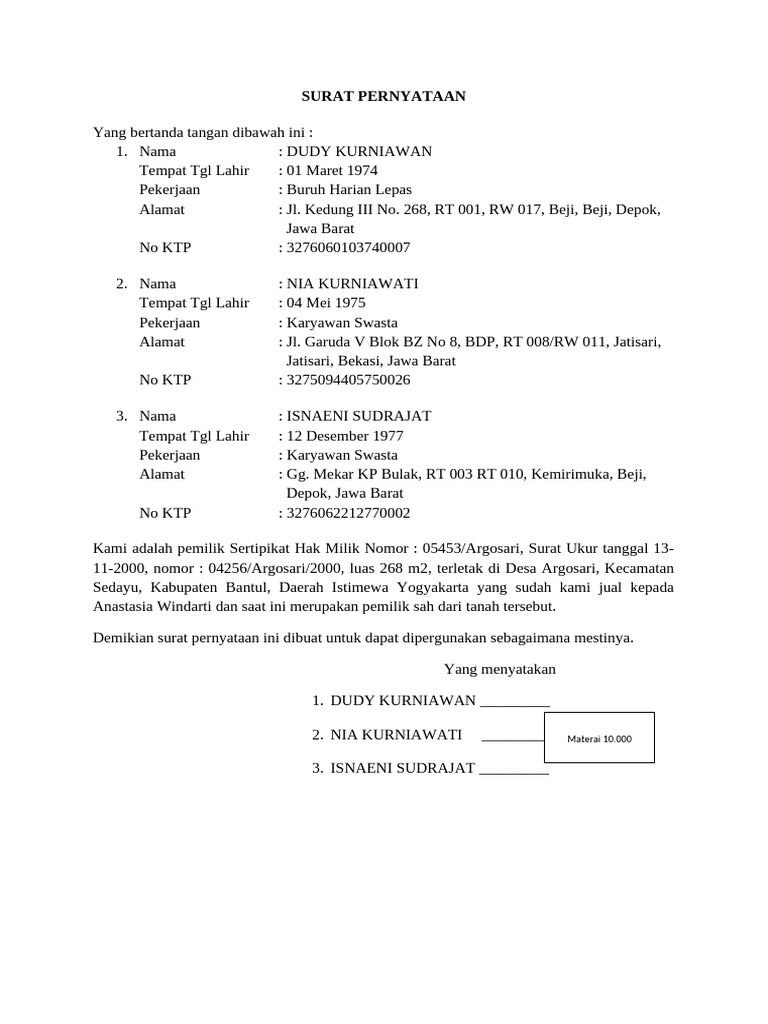 SURAT PERNYATAAN AHLI WARIS pak samsu | PDF