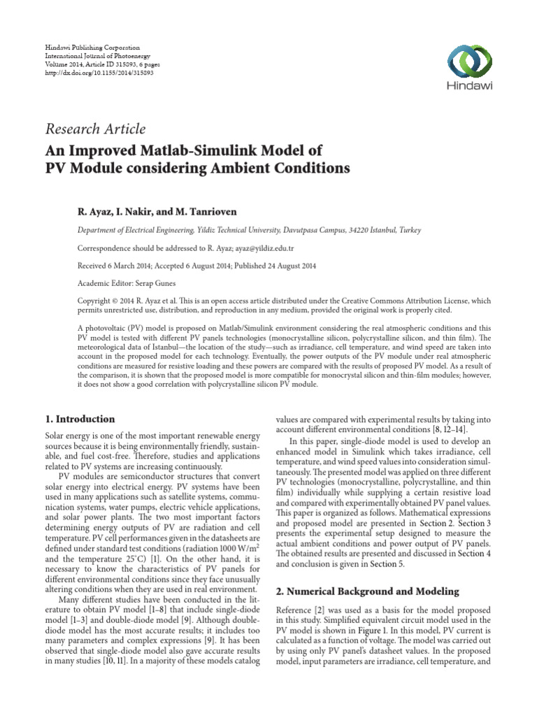 International Journal of Photoenergy - 2014 - Ayaz - An Improved Matlab‐Simulink Model of PV ...