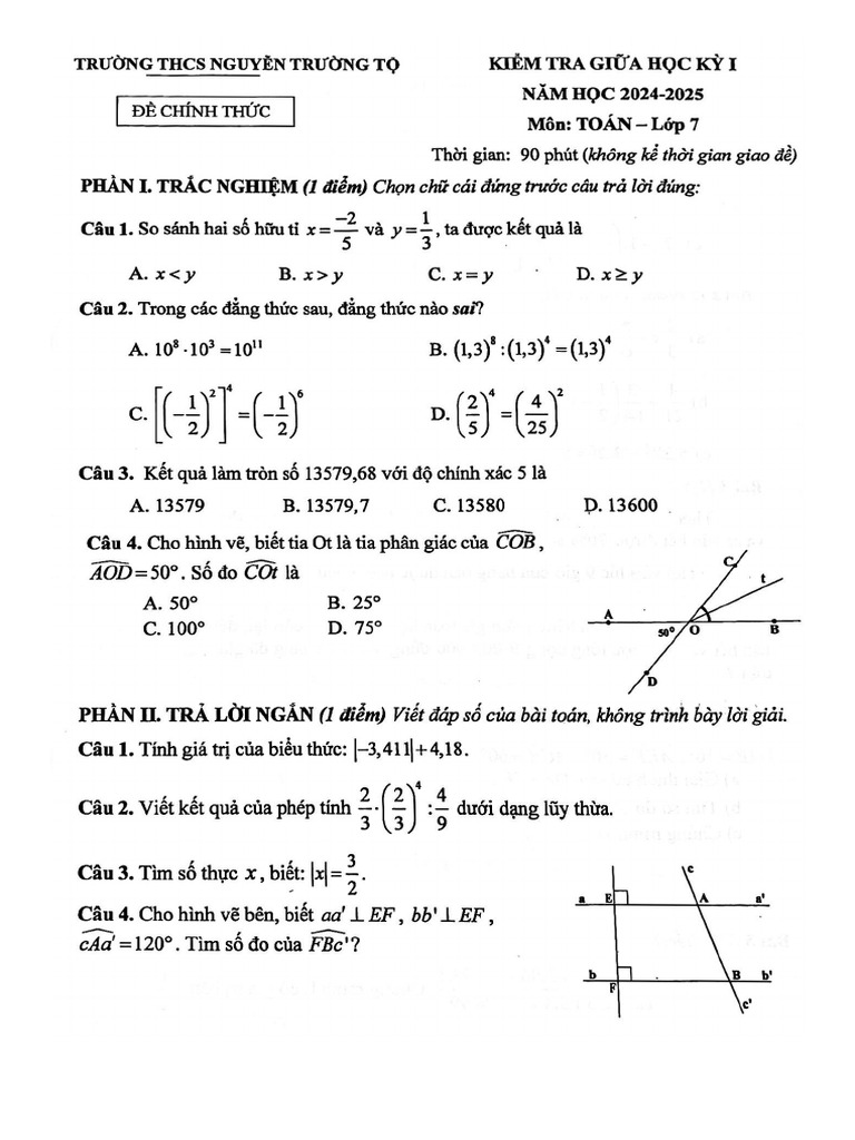 De Giua Hoc Ky 1 Toan 7 Nam 2024 2025 Truong Thcs Nguyen Truong To Ha Noi | PDF