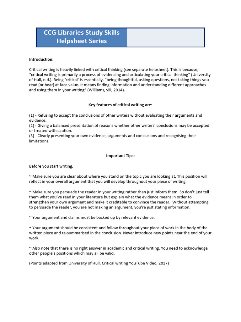 Critical Writing Info Sheet | PDF | Argument | Critical Thinking