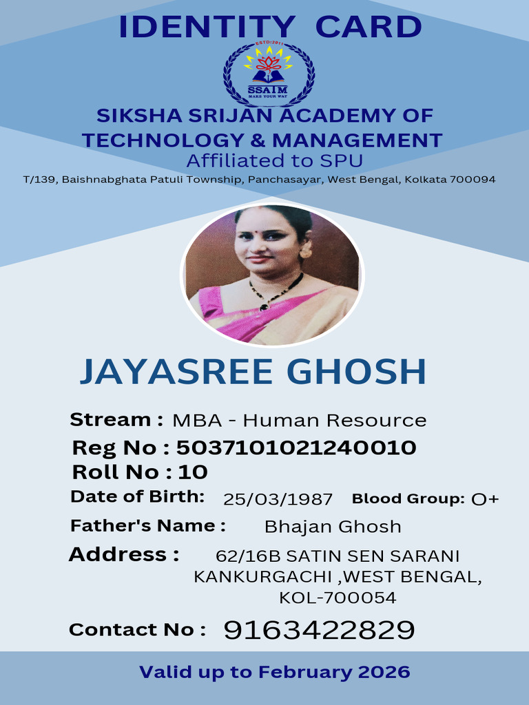 MBA Identity Card - Jayasree Ghosh | PDF
