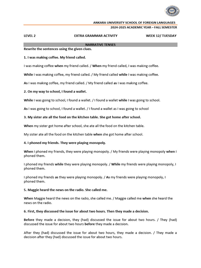 TUESDAY - Extra Grammar Activity - Narrative Tenses-Rewrite - ANSWER ...