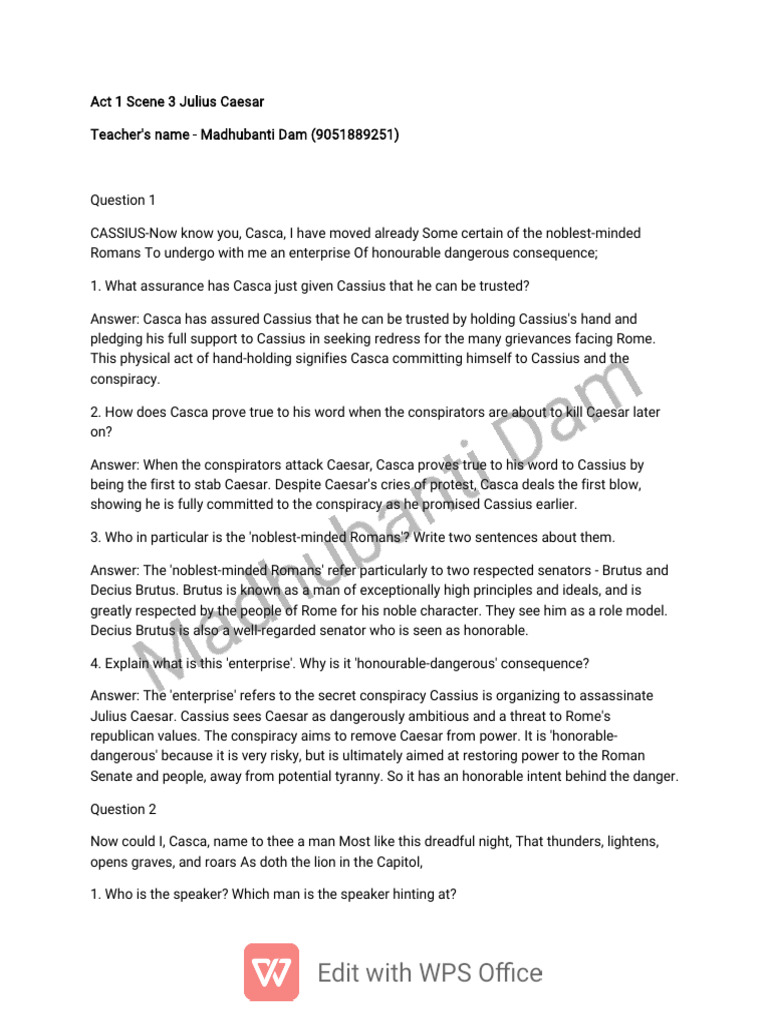 Act 1 Scene 3 Julius Caesar Q&A | PDF | Julius Caesar | Tyrant