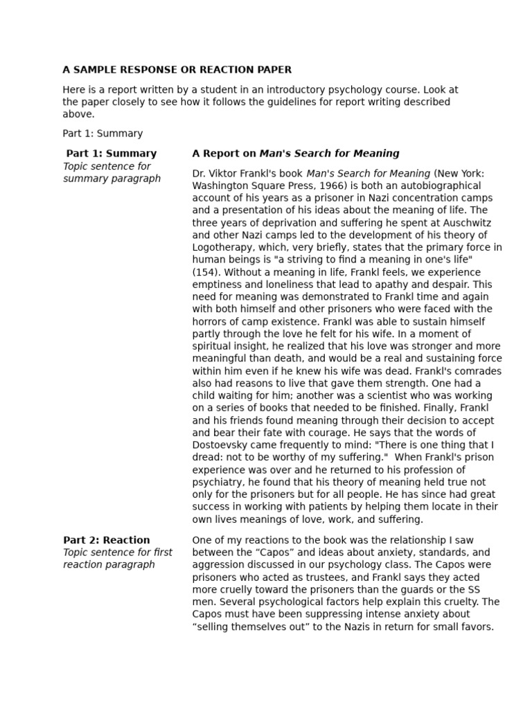 A SAMPLE RESPONSE OR REACTION PAPER | PDF | Psychology | Psychological ...