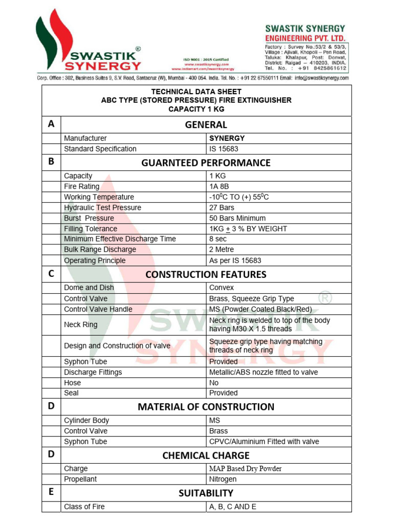 ABC Type Fire Extinguisher Technical Data Sheet | PDF | Valve | Equipment