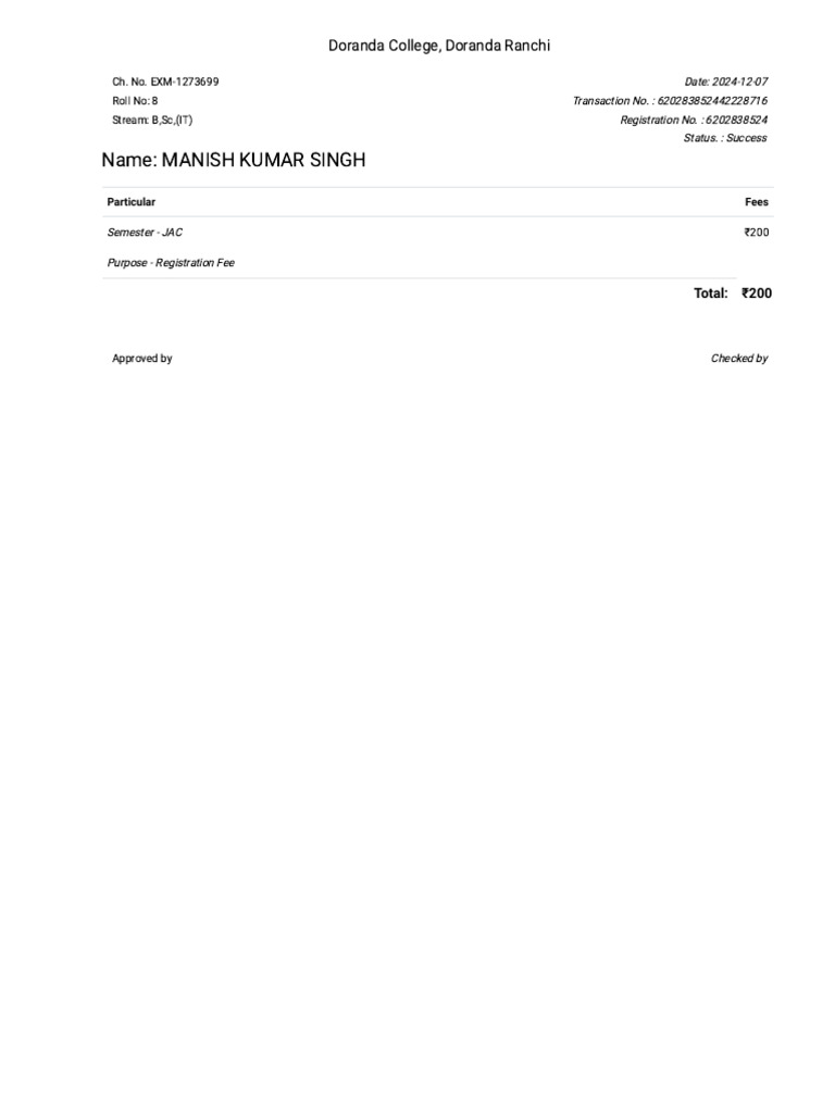 Doranda College Fee Payment Receipt 2024 | PDF