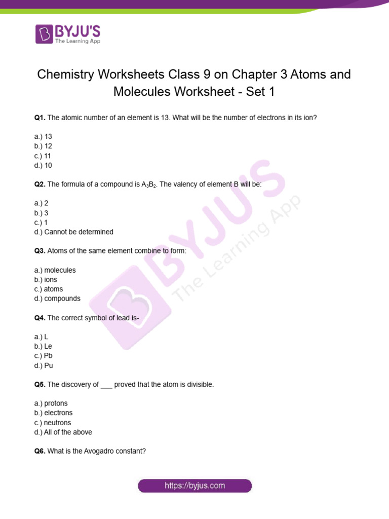 Class 9 Chemistry: Atoms & Molecules Worksheet | PDF