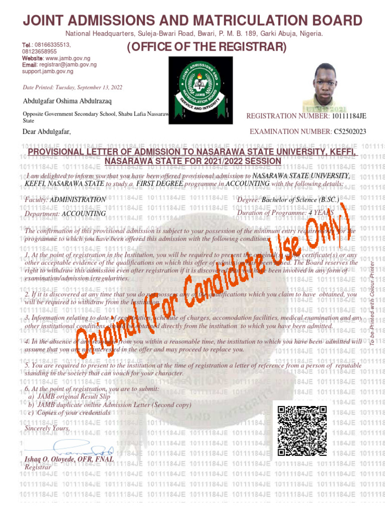 My Admission Letter | PDF | Academic Degree | Educational Stages